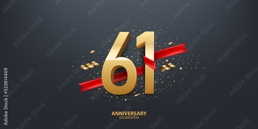 61st Year anniversary celebration background. 3D Golden number wrapped ...
