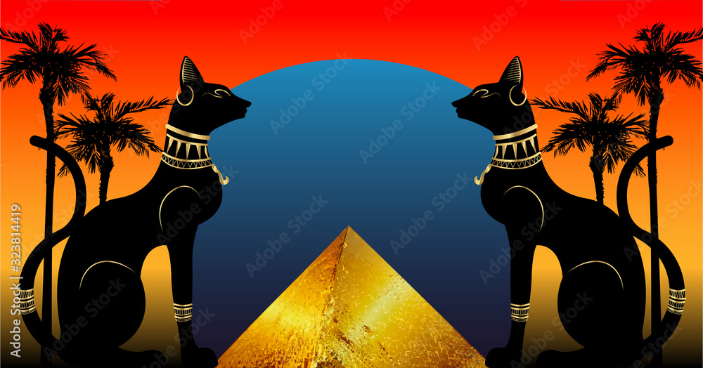Egyptian cats and Antique Pyramid. Bastet, ancient Egypt goddess and ...