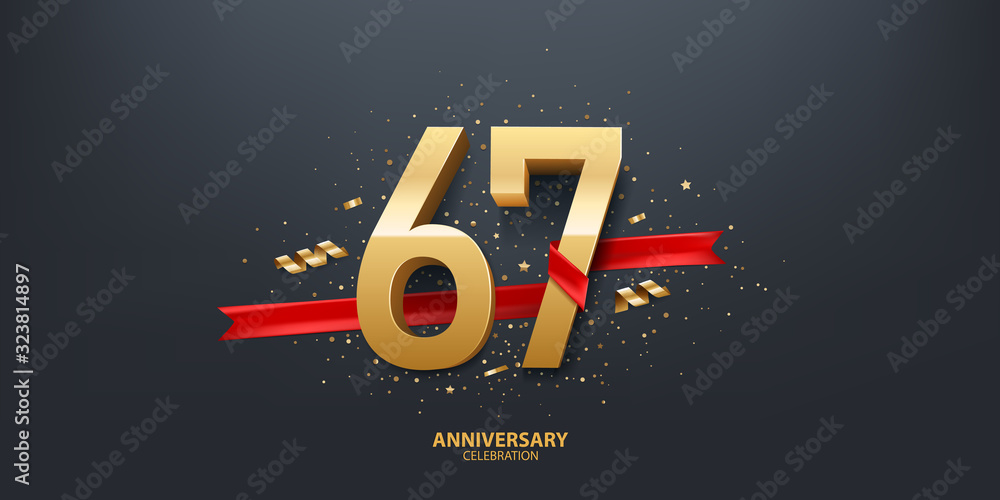 67th Year anniversary celebration background. 3D Golden number wrapped ...