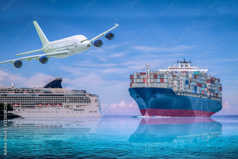 Container cargo ships in export with stern Cruise ship sailing to port ...