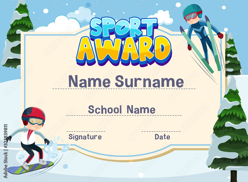 Certificate template for sport award with kids playing ski Stock Vector ...