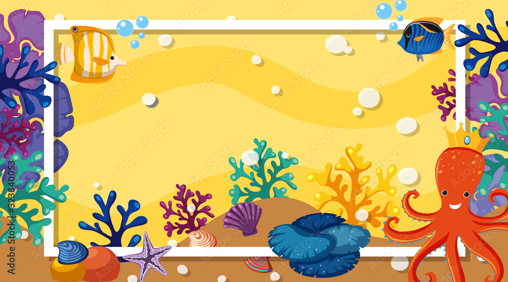 Frame design with sea creatures swimming under the ocean background ...