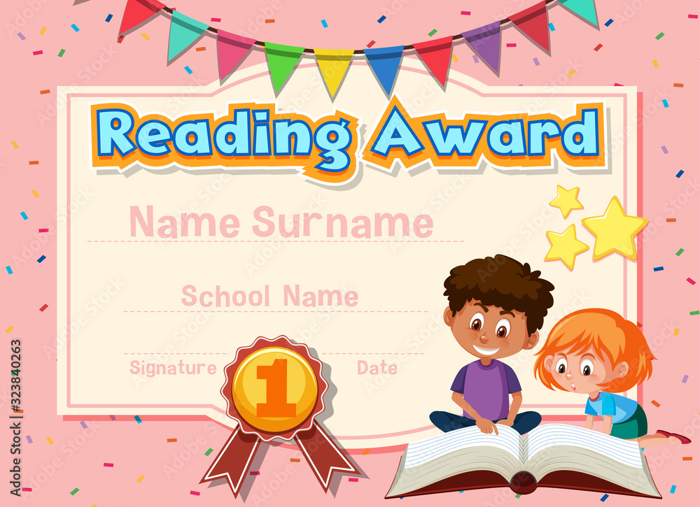 Certificate template for reading award with kids reading in background ...