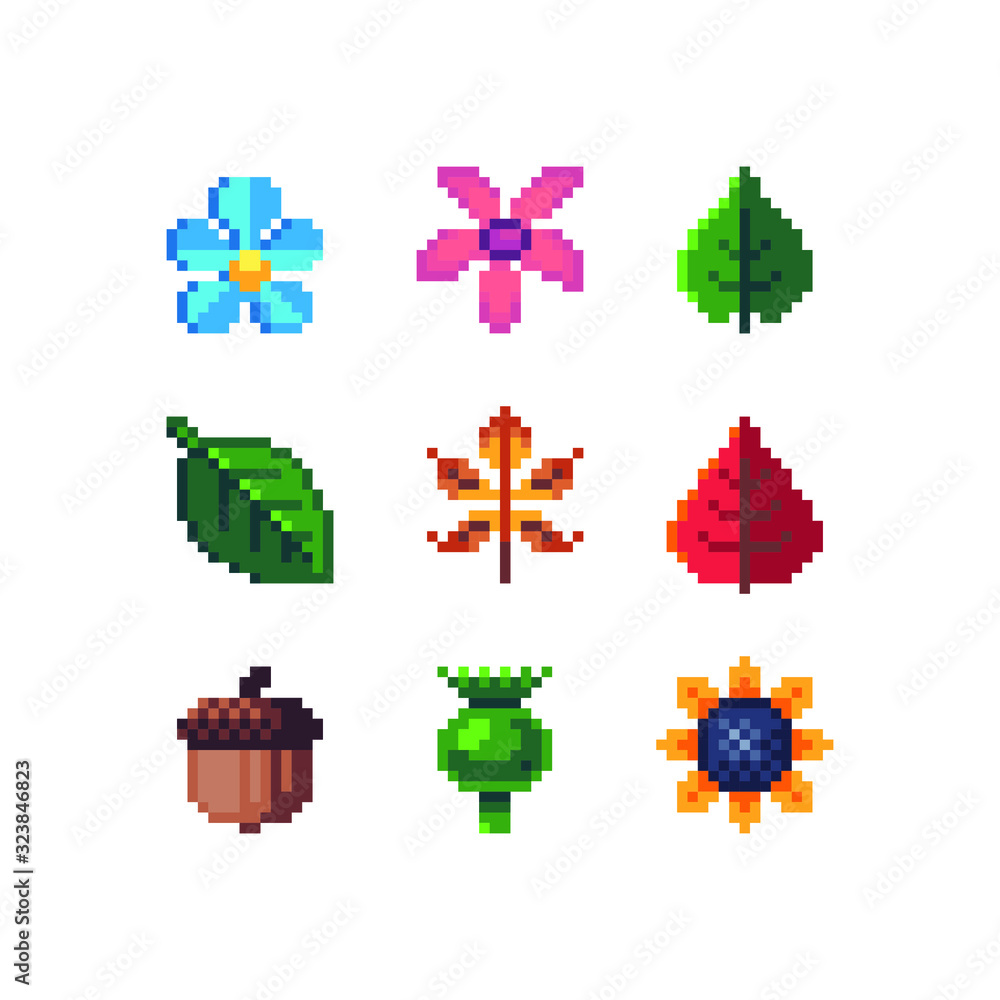 Leaves nature and plants pixel art icons set, design for logo, sticker ...