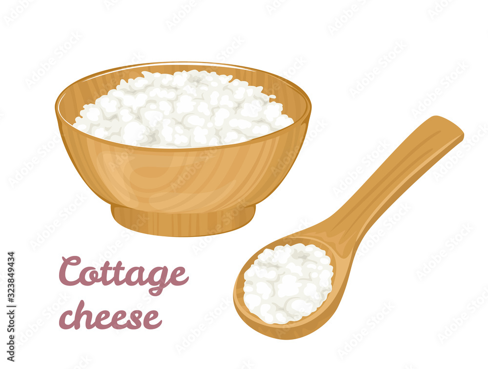 Cottage cheese in wooden bowl and spoon set. Dairy products isolated on ...