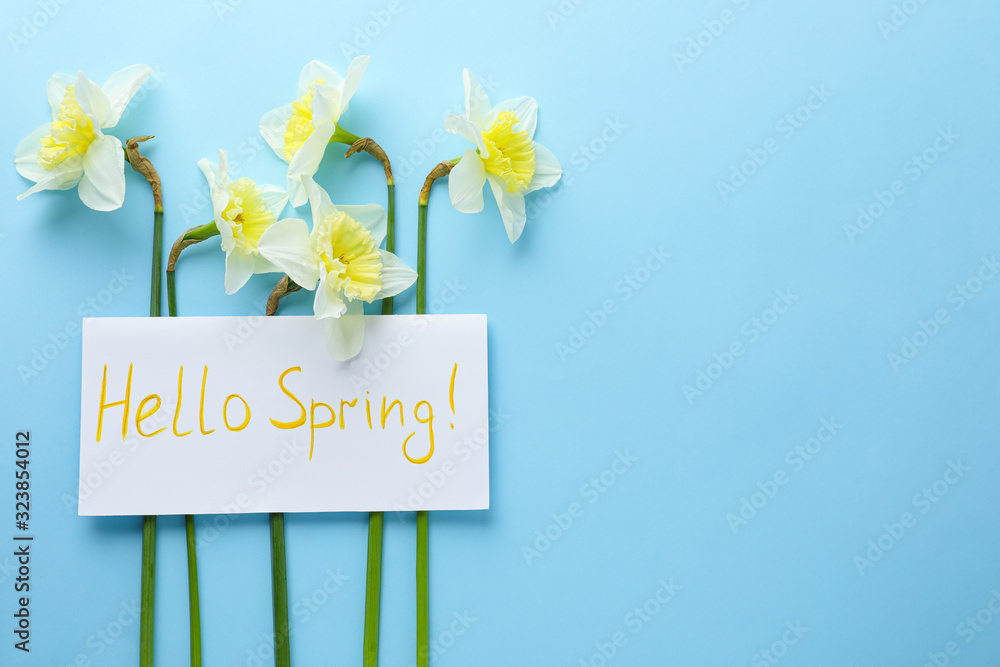 Card with words HELLO SPRING and fresh flowers on light blue background ...