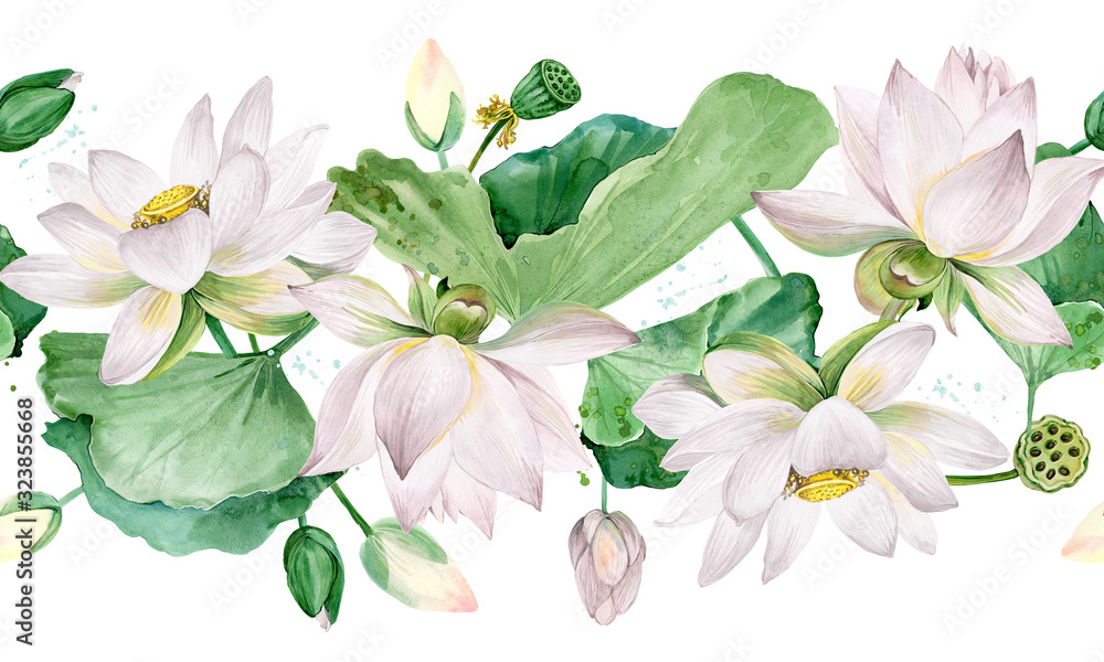 white lotus flowers seamless pattern. watercolor botanical illustration ...