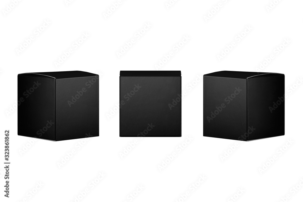 Elegant collection of square black paper boxes - side, front view on ...