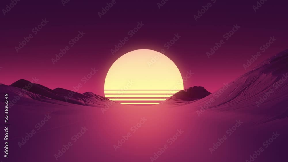 Retro wave landscape. Bright sunset above horizon. Mountains, terrain ...