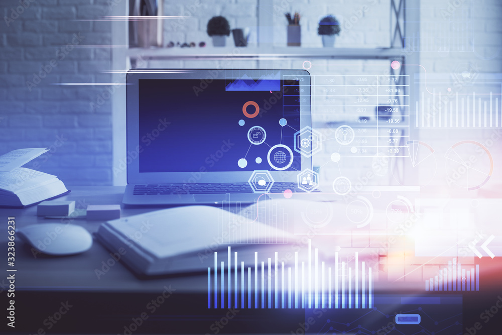 Technology theme drawing and table with computer. Multi exposure ...