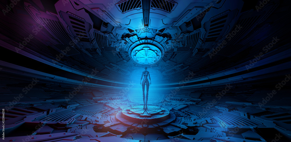 Inside of an alien spaceship. Female cosmonaut in a UFO. Fantasy woman ...