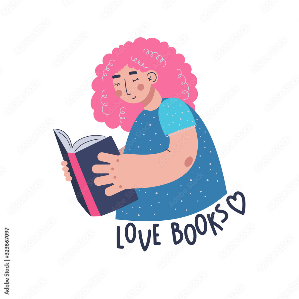 Young woman is reading a book. A woman has pink and curly hair. Cute ...