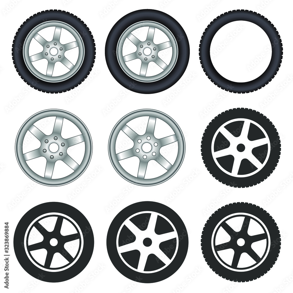 Realistic Car tire icon shape silhouette. Truck wheel rim service logo ...