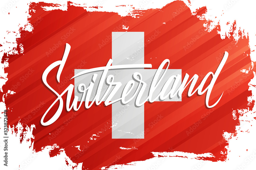 Handwritten word Switzerland with swiss national flag brush stroke ...