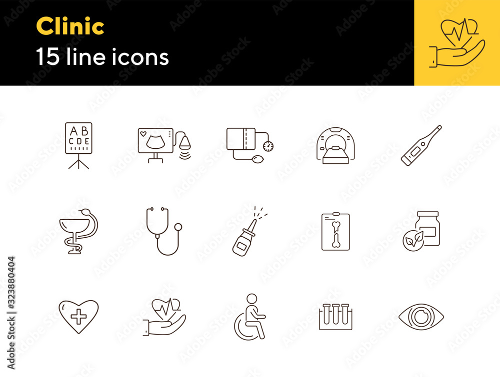 Clinic icons. Set of line icons. Stethoscope, nasal spray, x-ray, lab ...