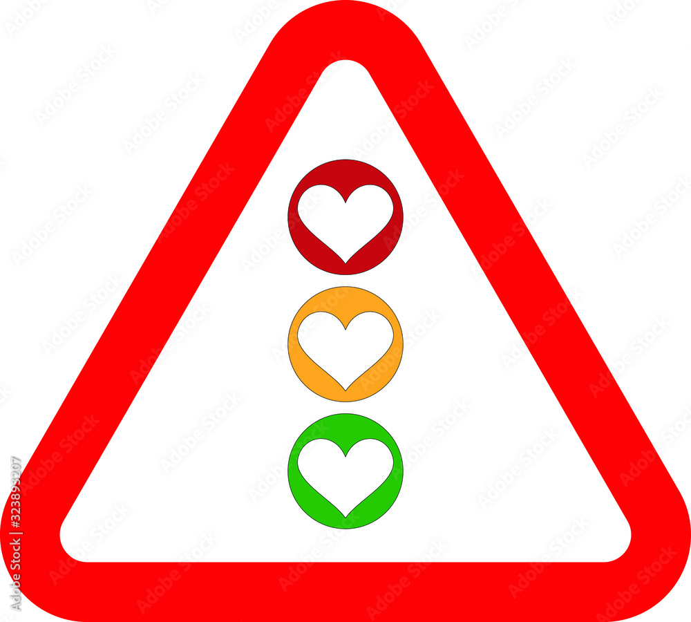 Three colored hearts are in the frame for road signs. This is a ...