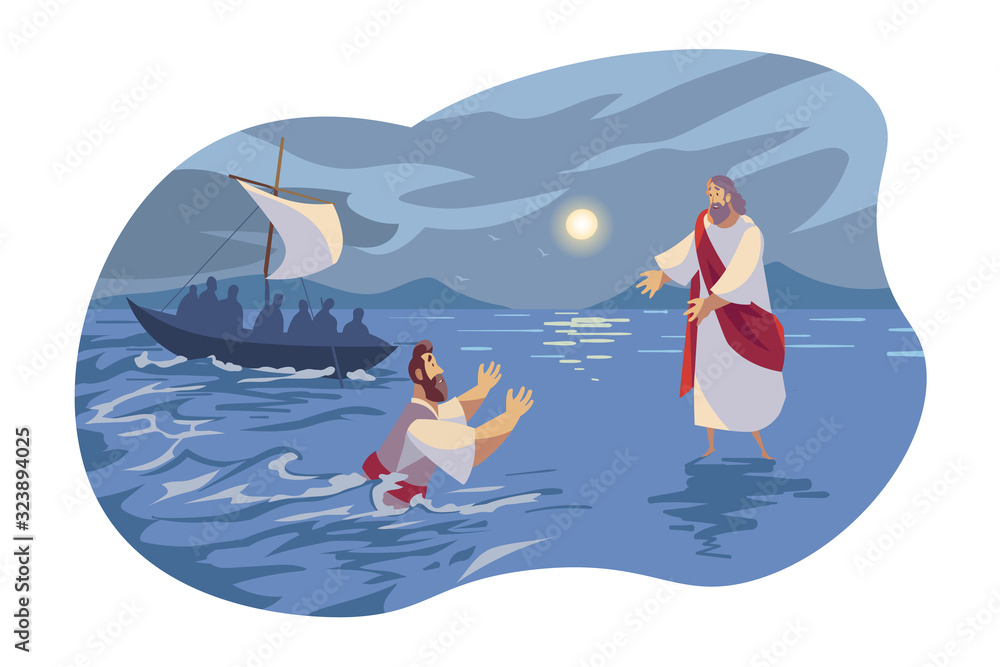 Jesus walks on water, Bible concept Stock Vector | Adobe Stock