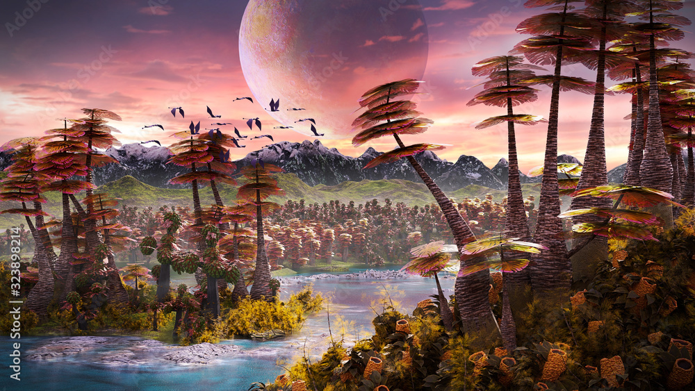 alien planet landscape, beautiful forest the surface of an exoplanet Stock Illustration | Adobe ...