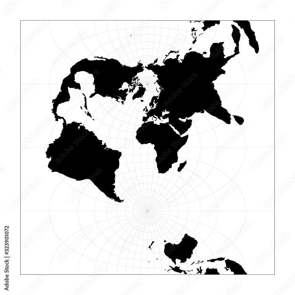 Black world map on white background. Transverse spherical Mercator ...