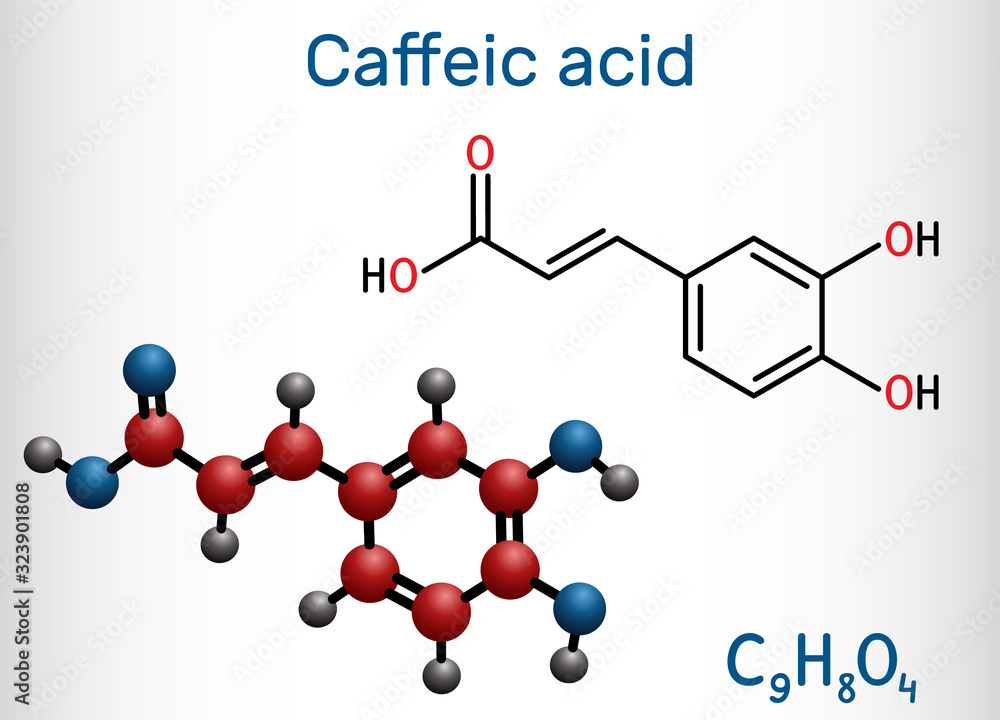 Caffeic acid, C9H8O4 molecule. It is hydroxycinnamic acid with ...