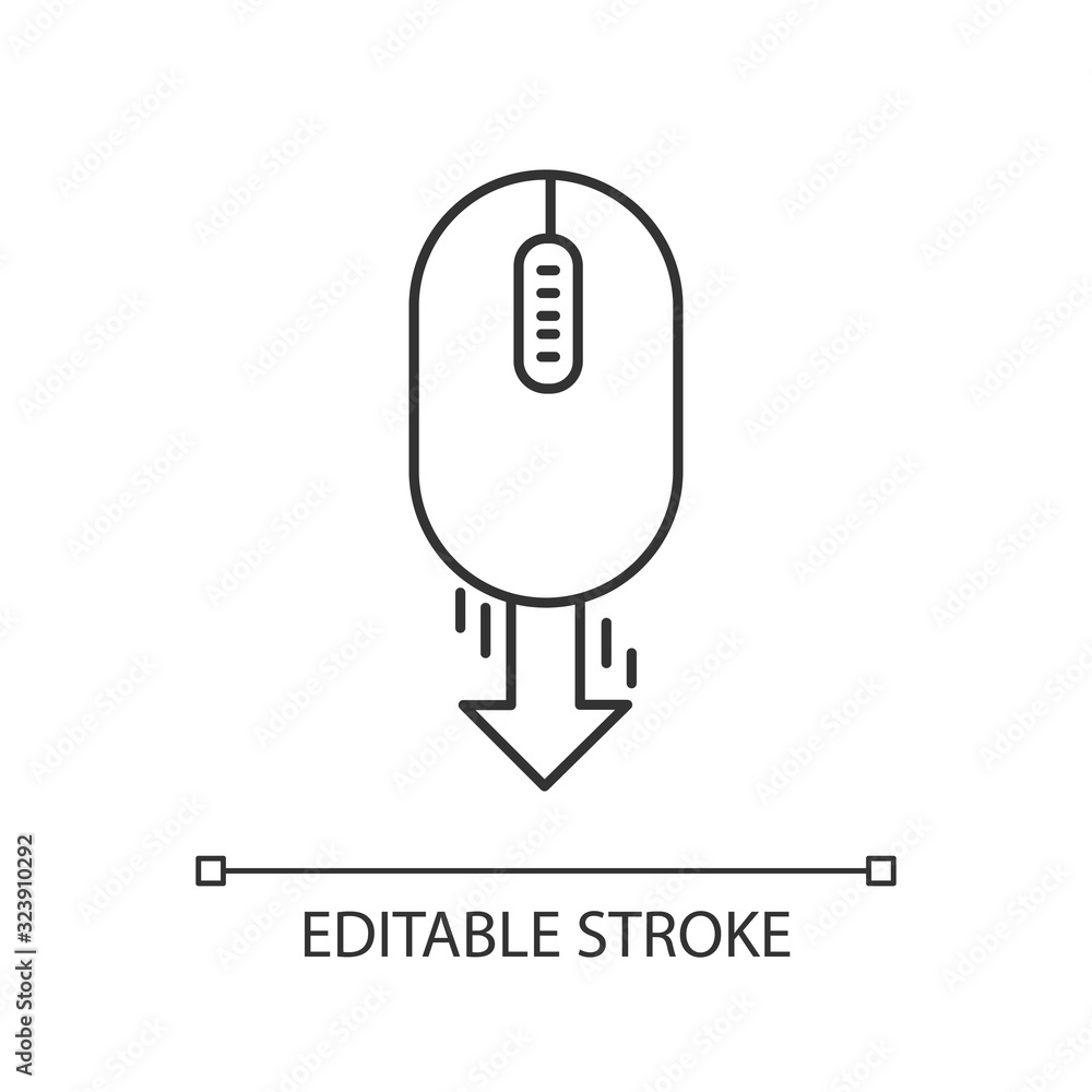 Mouse and down arrow pixel perfect linear icon. Web page scrolling down. Cursor point direction ...