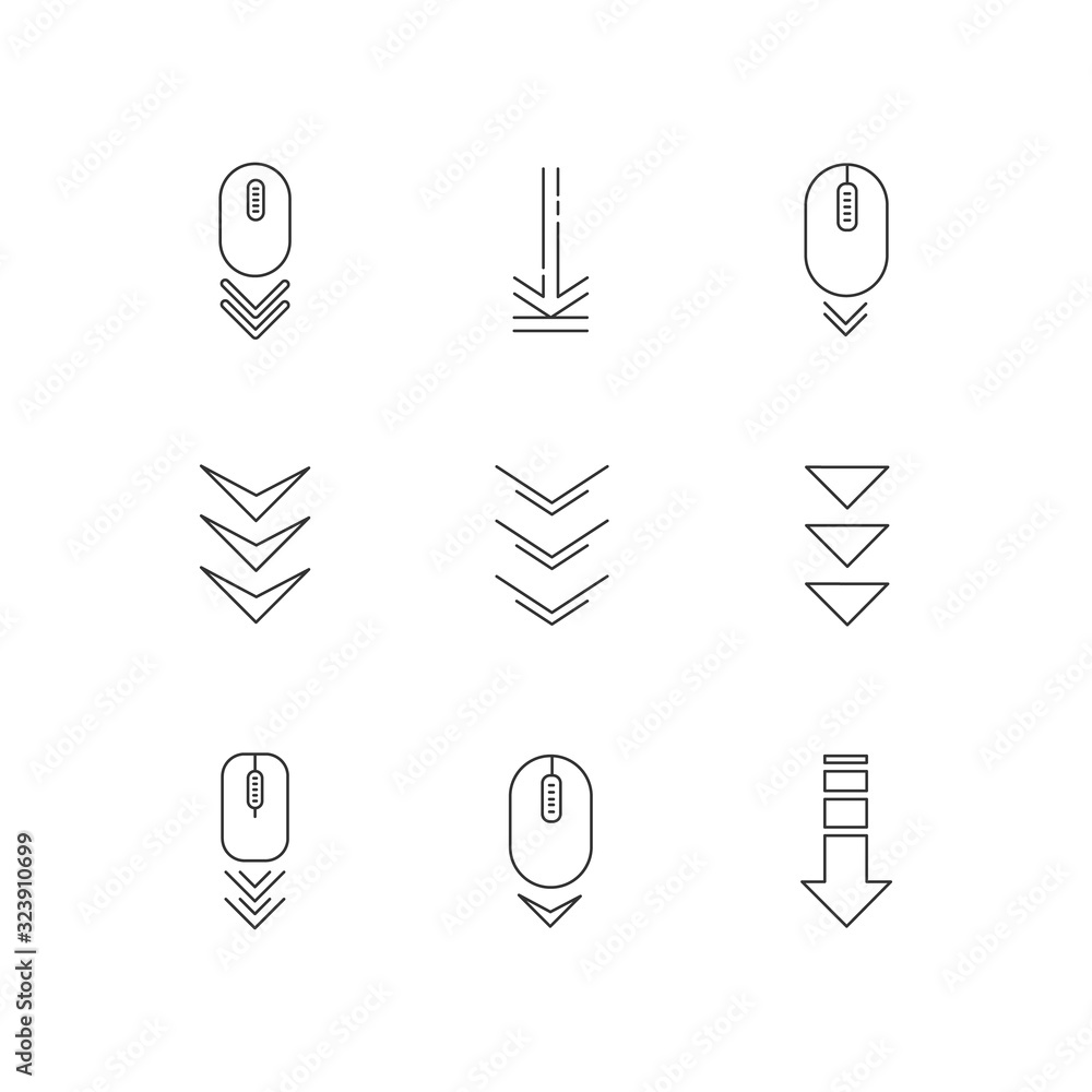 Scroll down buttons pixel perfect linear icons set. Web cursor. PC ...