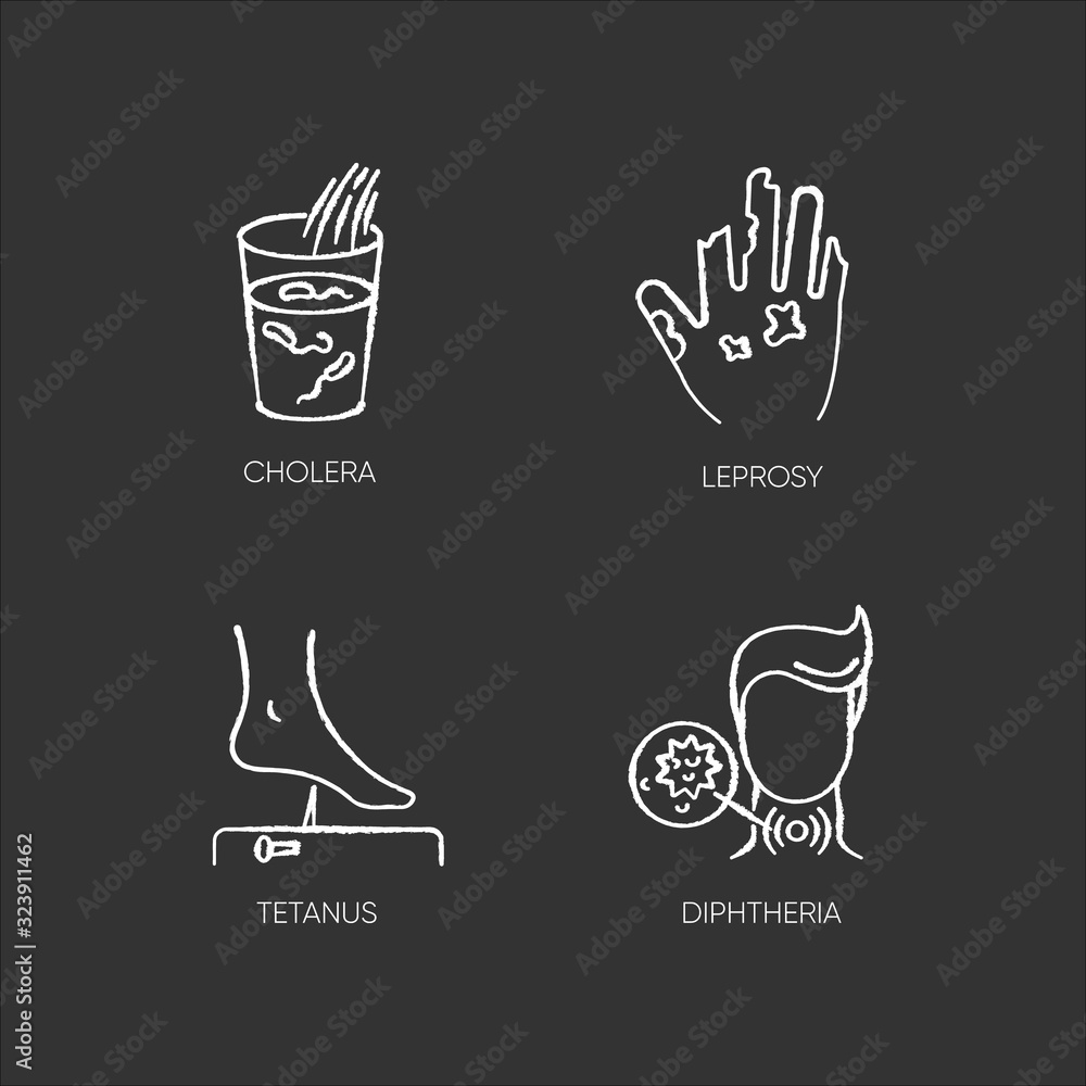 Endemic diseases chalk white icons set on black background. Cholera ...