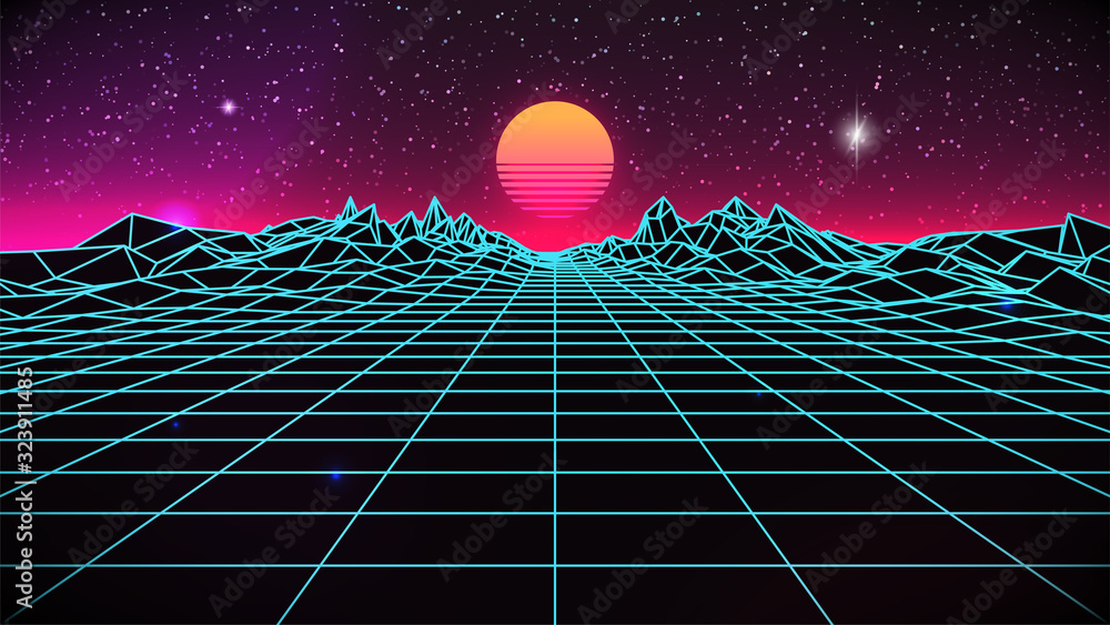 Synthwave Sunset Background. 80s Sun. Wireframe Landscape. Retro Future Perspective Grid. Banner ...