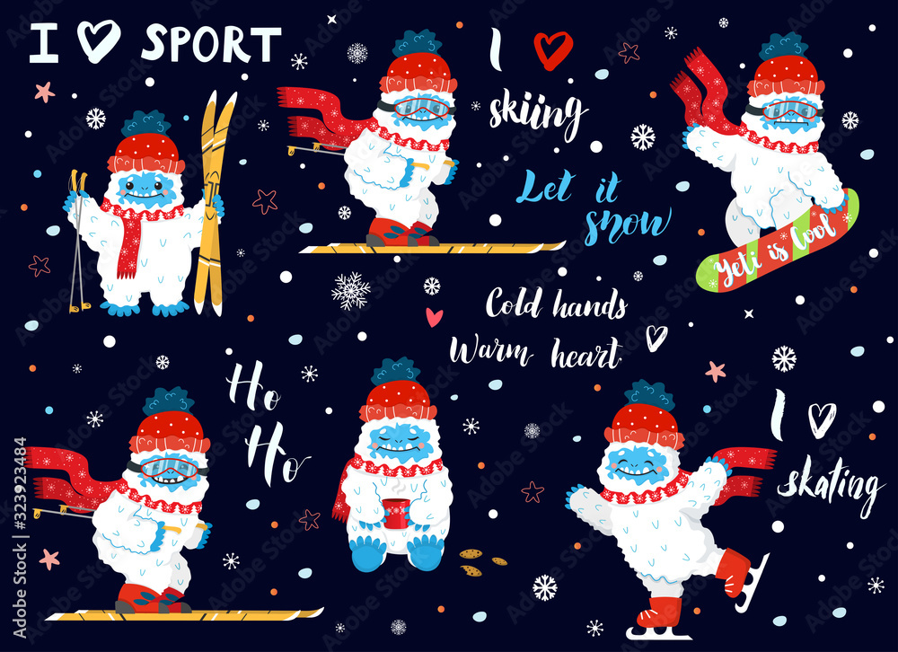 Cute snow yeti winter activities and sport with lettering calligraphy ...