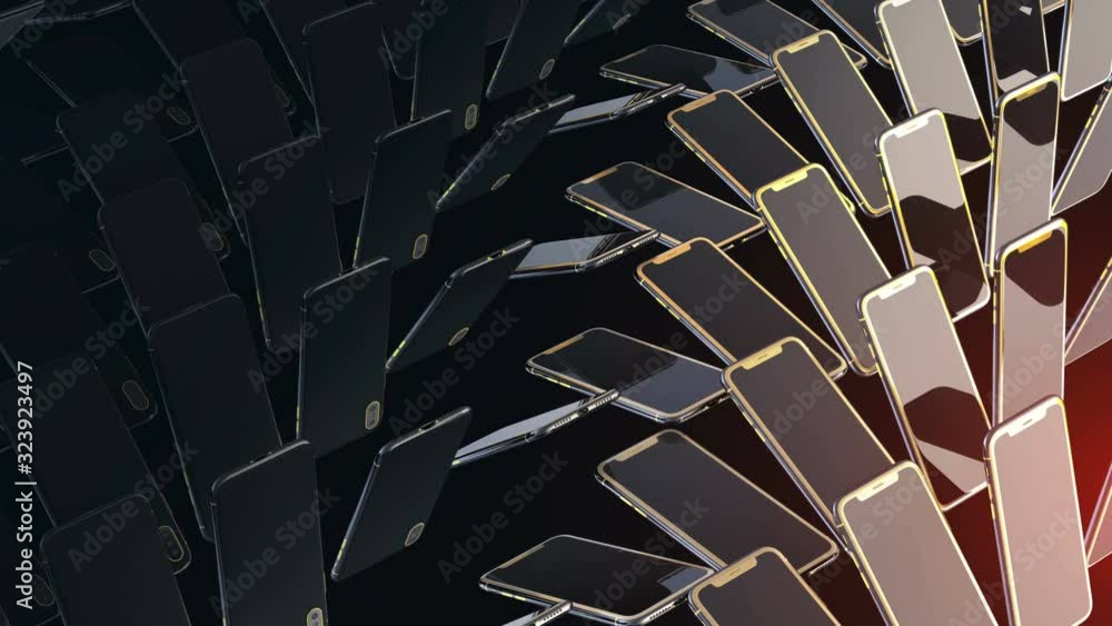 Smartphones with gold buttons move and rotate in rows. Infinite loop ...