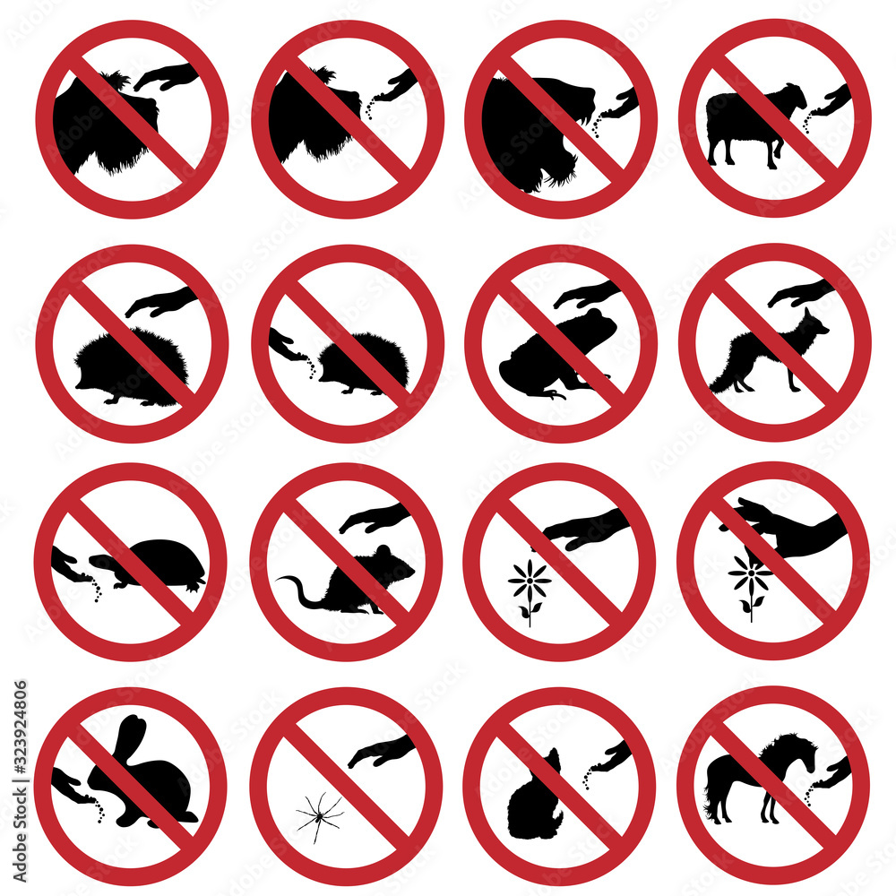 Vector silhouette collection of do not touch and feeding animals mark ...