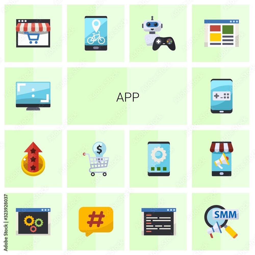 14 app flat icons set isolated on white background. Icons set with ...