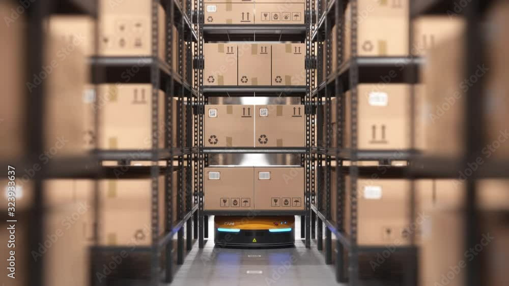 Autonomous robot or AGV moves rack with cardboard boxes in automated ...