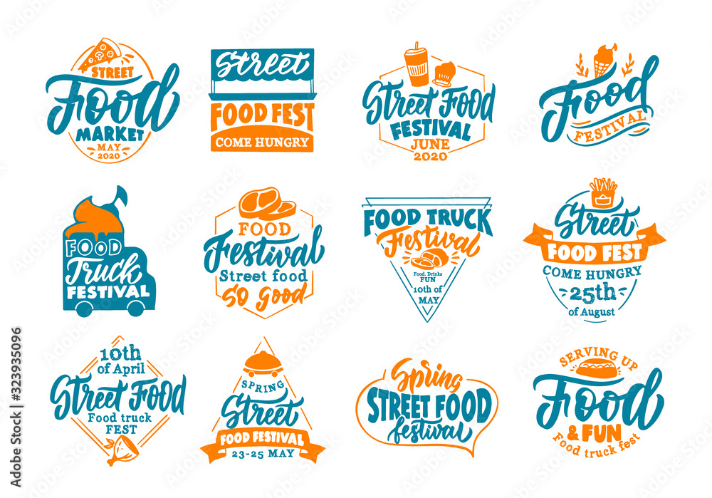 Set of vintage Street food emblems and stamps. Colorful badges ...