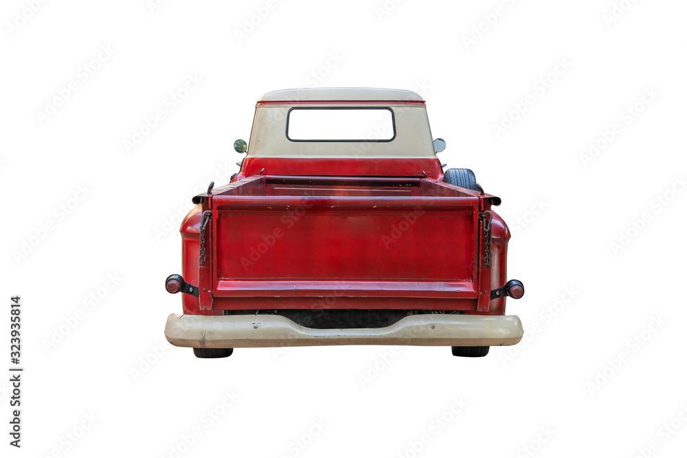 The back of a vintage red pickup truck,isolated on white background ...