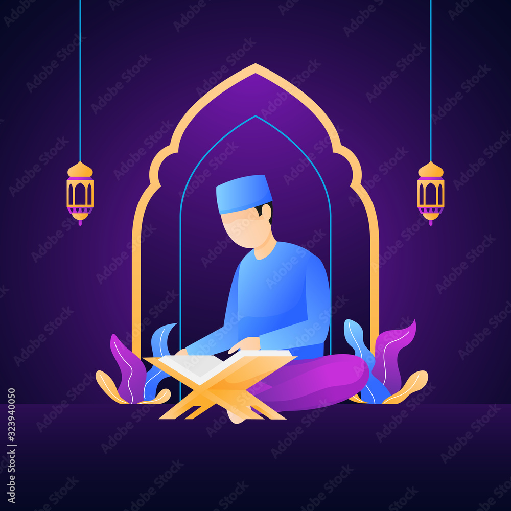 muslim man reading al quran the holy book of islam flat illustration ...