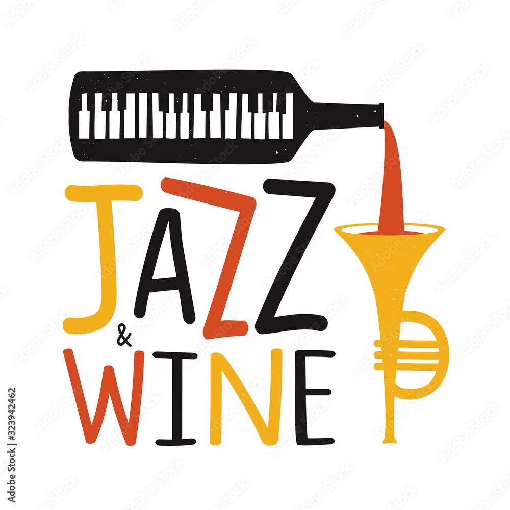 Vector illustration with black wine bottle, piano keys and trumphet ...