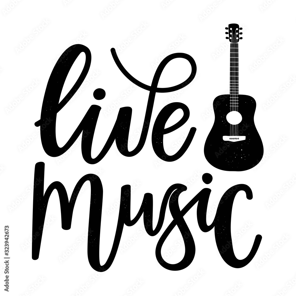 Vector illustration with acoustic guitar, grunge dots and lettering ...