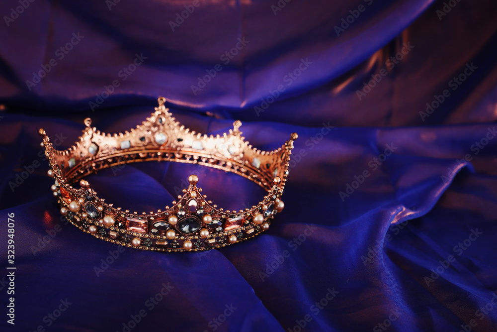 Vintage crown over dark royal purple delicate silk. fantasy medieval ...