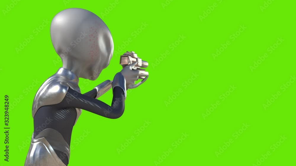 Gray Alien with Uniform Shoot Gun 4K Green Screen Back 3D Rendering ...