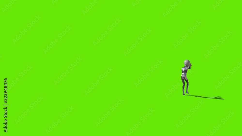 Gray Alien with Uniform Walks Gun 4K Green Screen Back 3D Rendering ...