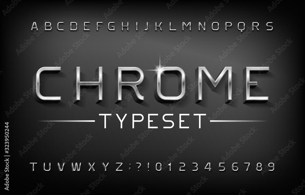 Chrome alphabet font. 3D metal letters and numbers with shadow. Stock ...