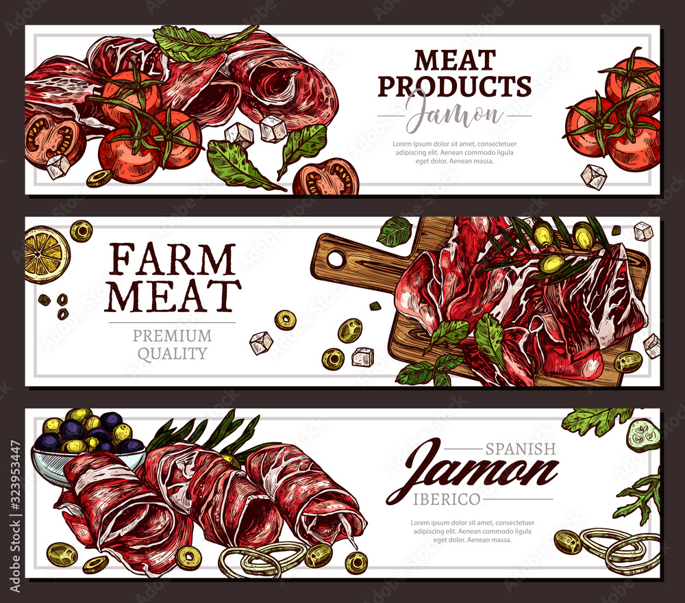 Farm natural meat products and spanish jamon horizontal colorful ...