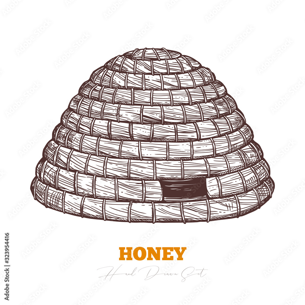 Hand drawn straw bee hive. Vector sketch for beekeeping and apiculture ...