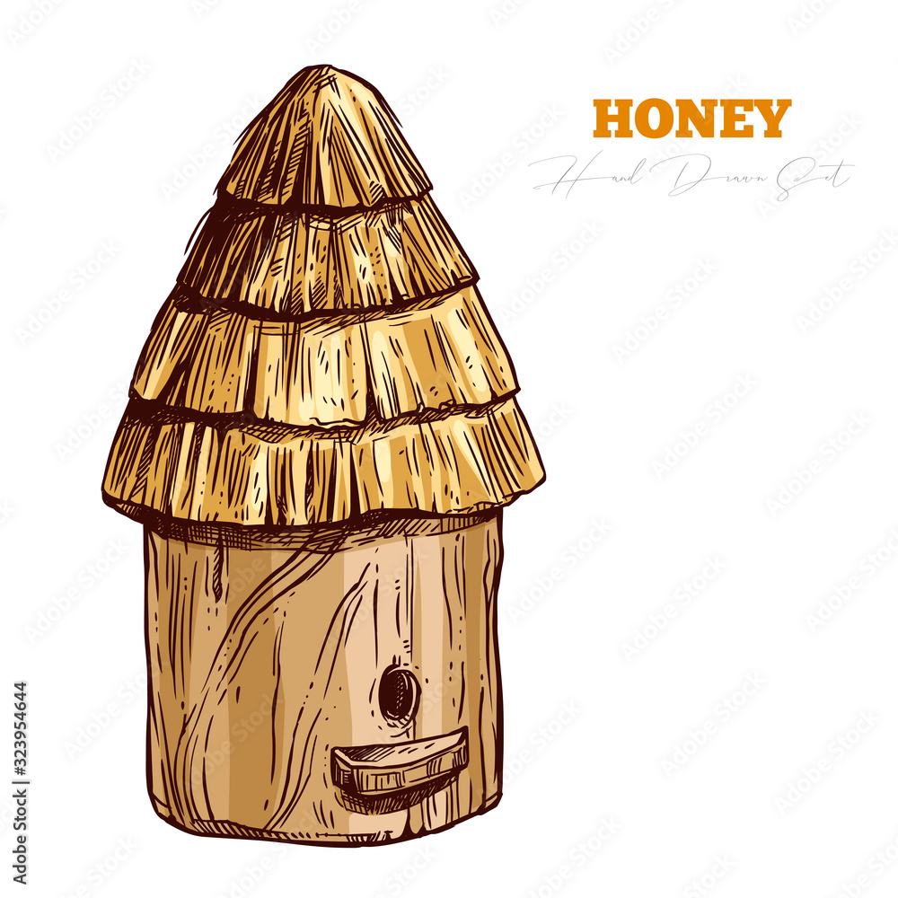 Hand drawn wooden bee hive with straw roof. Vector sketch for ...