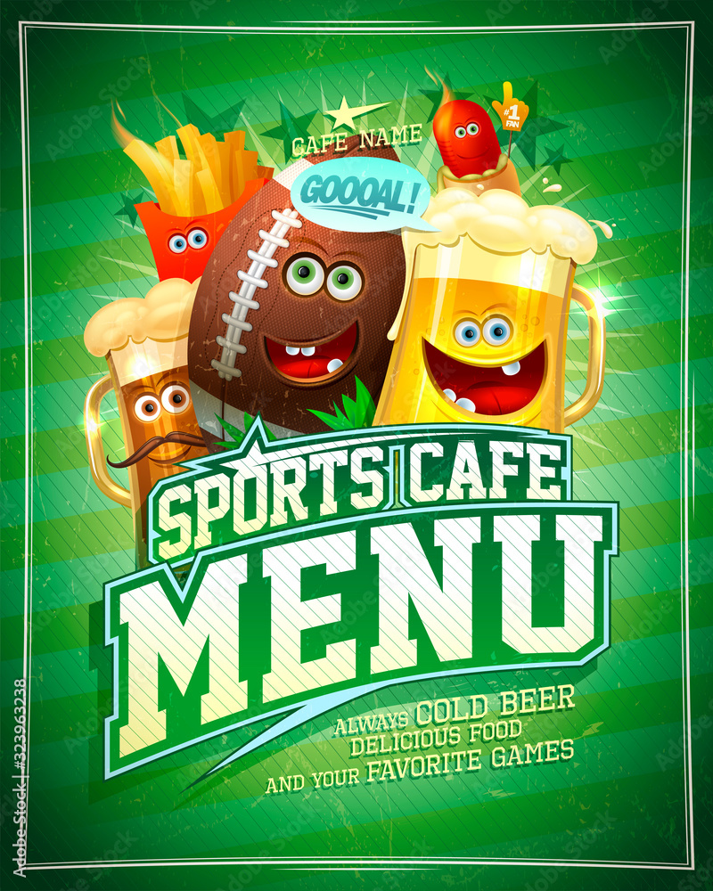 Sports cafe menu cover design with rugby ball and funny food personage ...