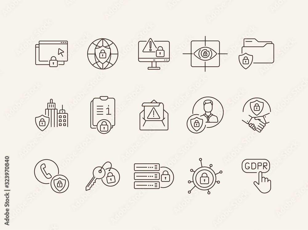 Cybersecurity line icon set. Lock, server, access, files, state ...