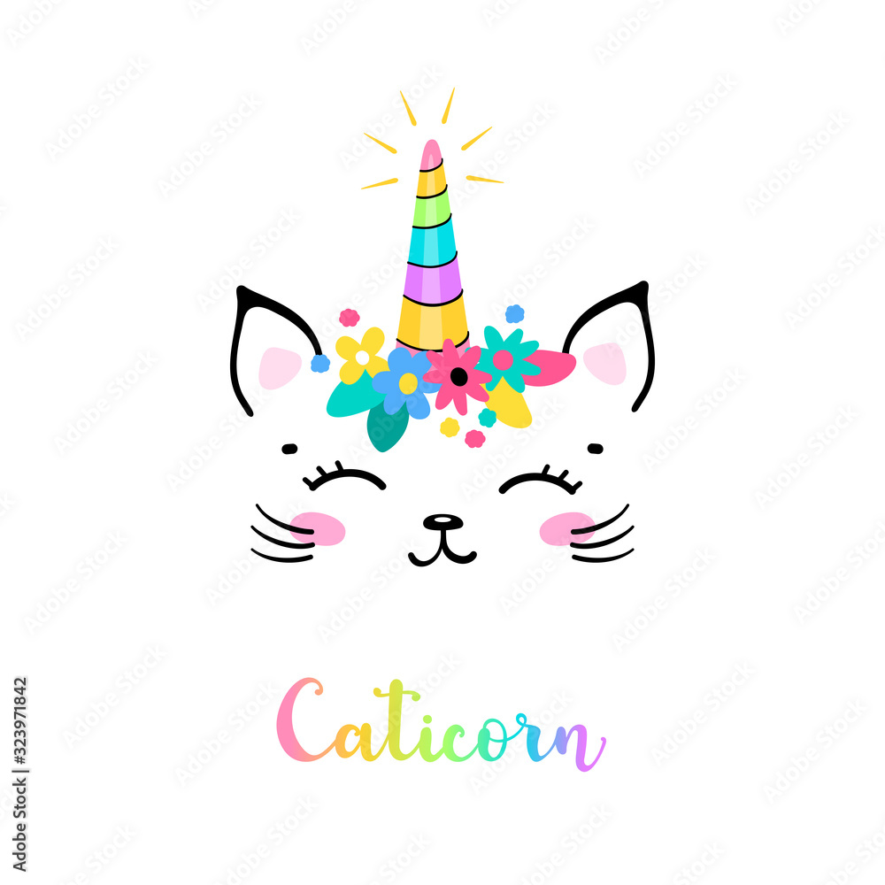 Vector Cute Unicorn Cat Head with Floral Wreath for Kids t-shirt Print ...