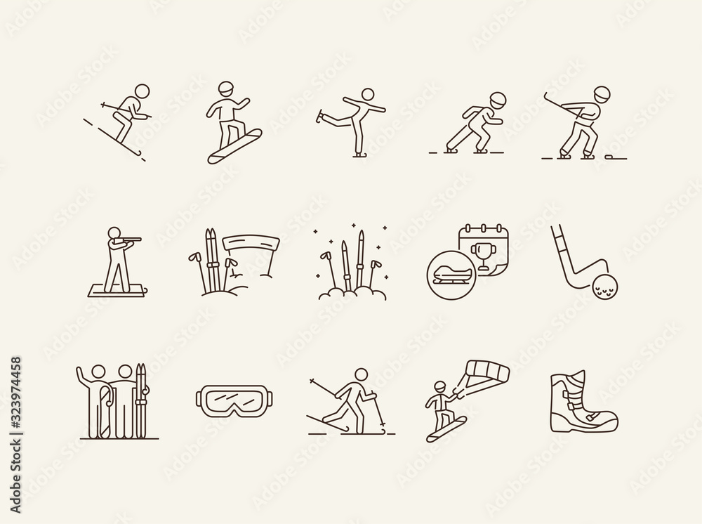 Snowsport thin line icon set. Skating, bobsleigh prize, snowboarding ...