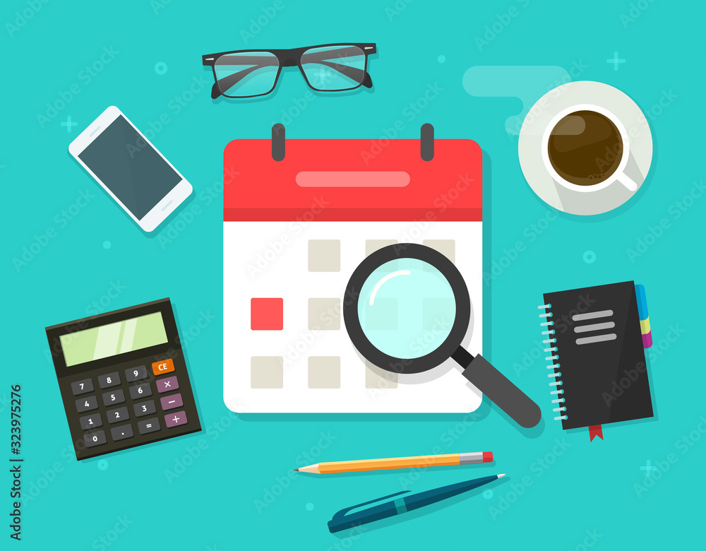 Calendar Or Agenda With Magnifying Glass On Working Desk Table Top View Calendar Or Agenda With Magnifying Glass On Working Desk Table Top View